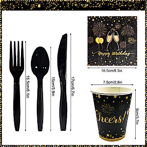 Black and Gold Happy Birthday Party Supplies Tableware Set-Dinner Dessert Cake Plates, Napkins, Cups, Tablecloth, Banner for Wedding Retire Party Decoration for 30th 40th 50th 60th Anniversary