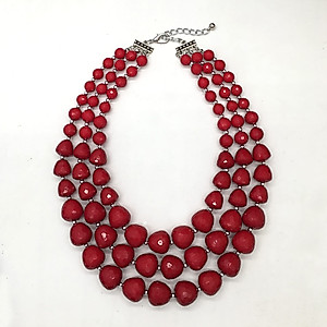 RUIYIMING Statement Chunky Multi Strand Colorful Beaded Necklace For Women Fashion Costume Jewelry Earring Set Bold African Acrylic Large Strawberry Bead 3 Layered Bib Collar Choker (red)