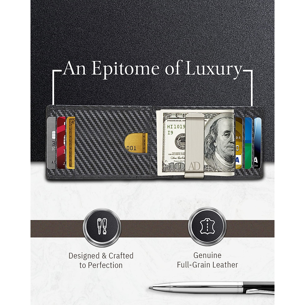 Access Denied Carbon Fiber Leather Mens Wallet - Slim Money Clip Bifold Wallets For Men RFID Front Pocket Thin Credit Card Holder - Gifts For Men