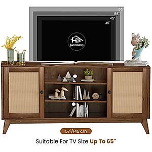 AWQM Rattan TV Stand for 65 Inch TV, TV Console Table with 2 Rattan Doors, Modern Entertainment Center with Storage Cabinet and Open Shelves, for Living Room, Bedroom, Walnut