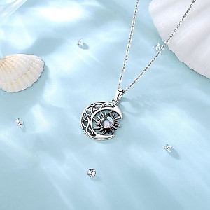 Vito Celtic Moon and Sun Necklace for Women, Sterling Silver Vintage Crescent Pendant Oxidized Moonstone Jewelry Gift for Wife, 18 Inch Chain