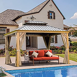 12' x 14' Hardtop Gazebo, Domi Wood Looking Aluminum Gazebo with Galvanized Steel Double Roof, Permanent Metal Gazebo with Curtains and Netting for Patio Lawn and Garden