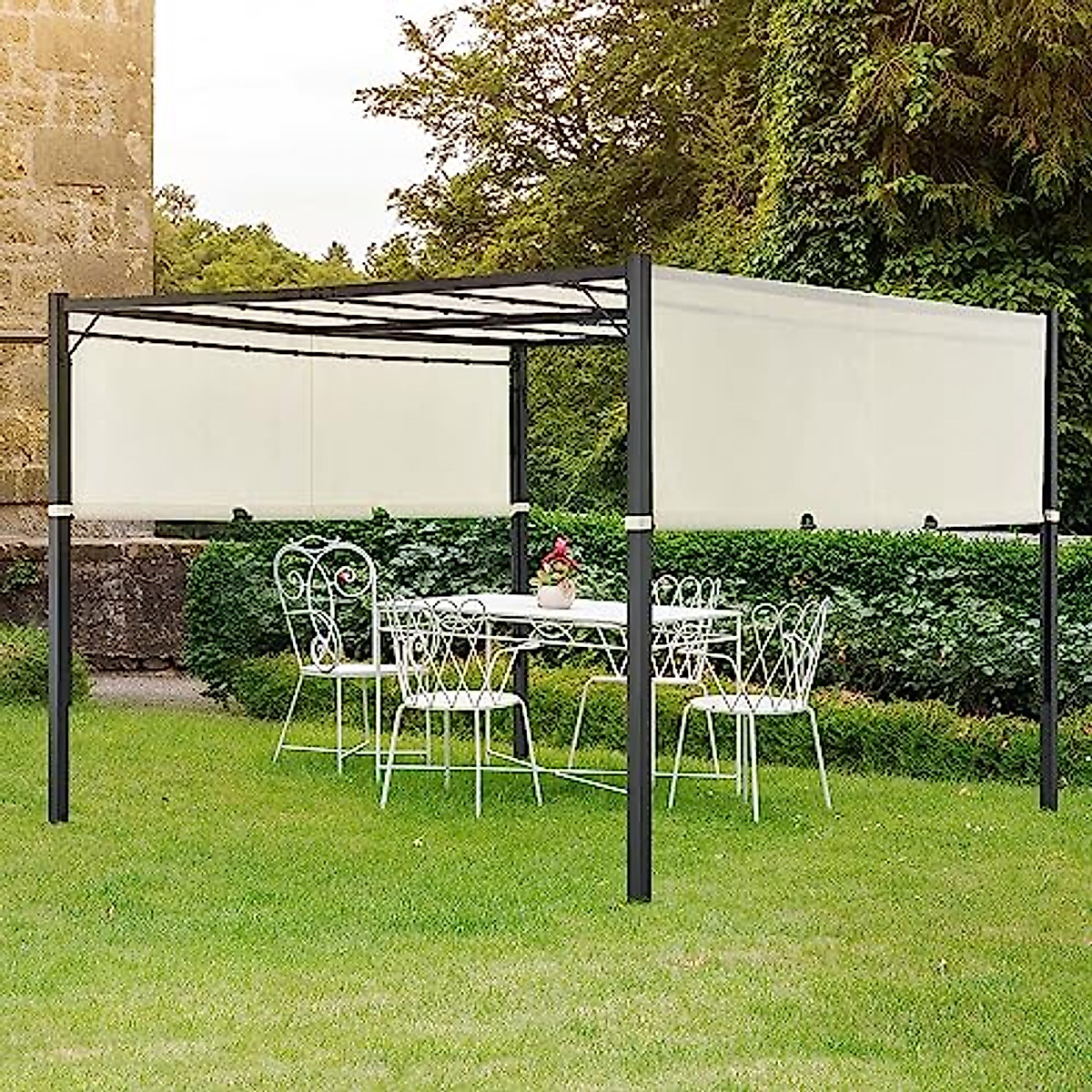 10 x 10 ft Pergola, Outdoor Pergola with Retractable Sun Shade Canopy and 60 Solar String Lights, Patio Metal Gazebo for BBQ, Party, Wedding, Patio, Backyard, Deck, Garden Beige