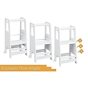 Kid's Wooden Kitchen Step Stool, 220lbs Capacity, Adjustable Platform Standing Tower, with Safety Guardrail Child Studying Tower, Toddler Stool for Bathroom, Cooking Helper（White