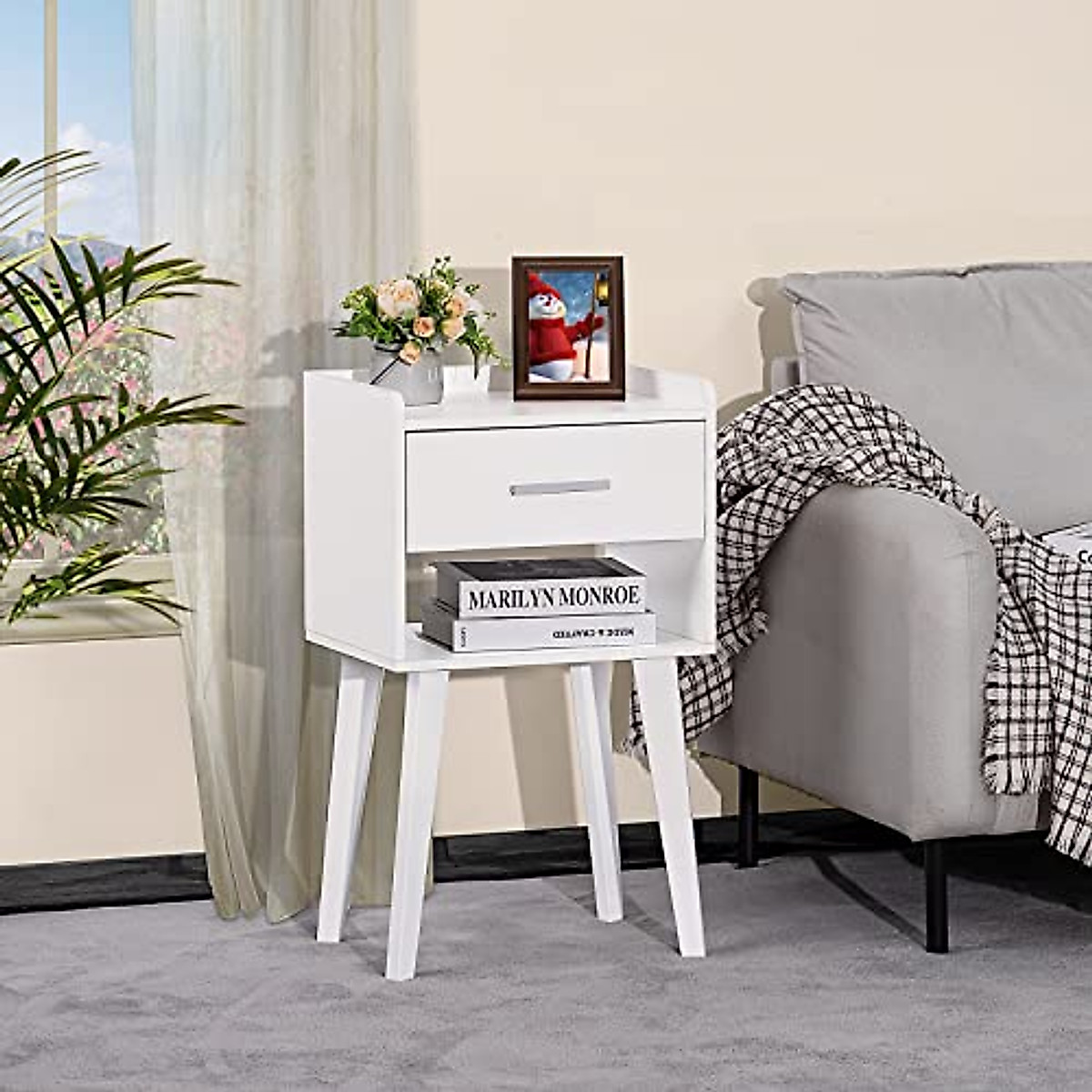 Lerliuo White Nightstand, Modern Bedside Table with Drawer, Wood End Table for Small Space, Side Table with Storage, Night Stand for Bedroom/Living Room/Dorm 26.38''H
