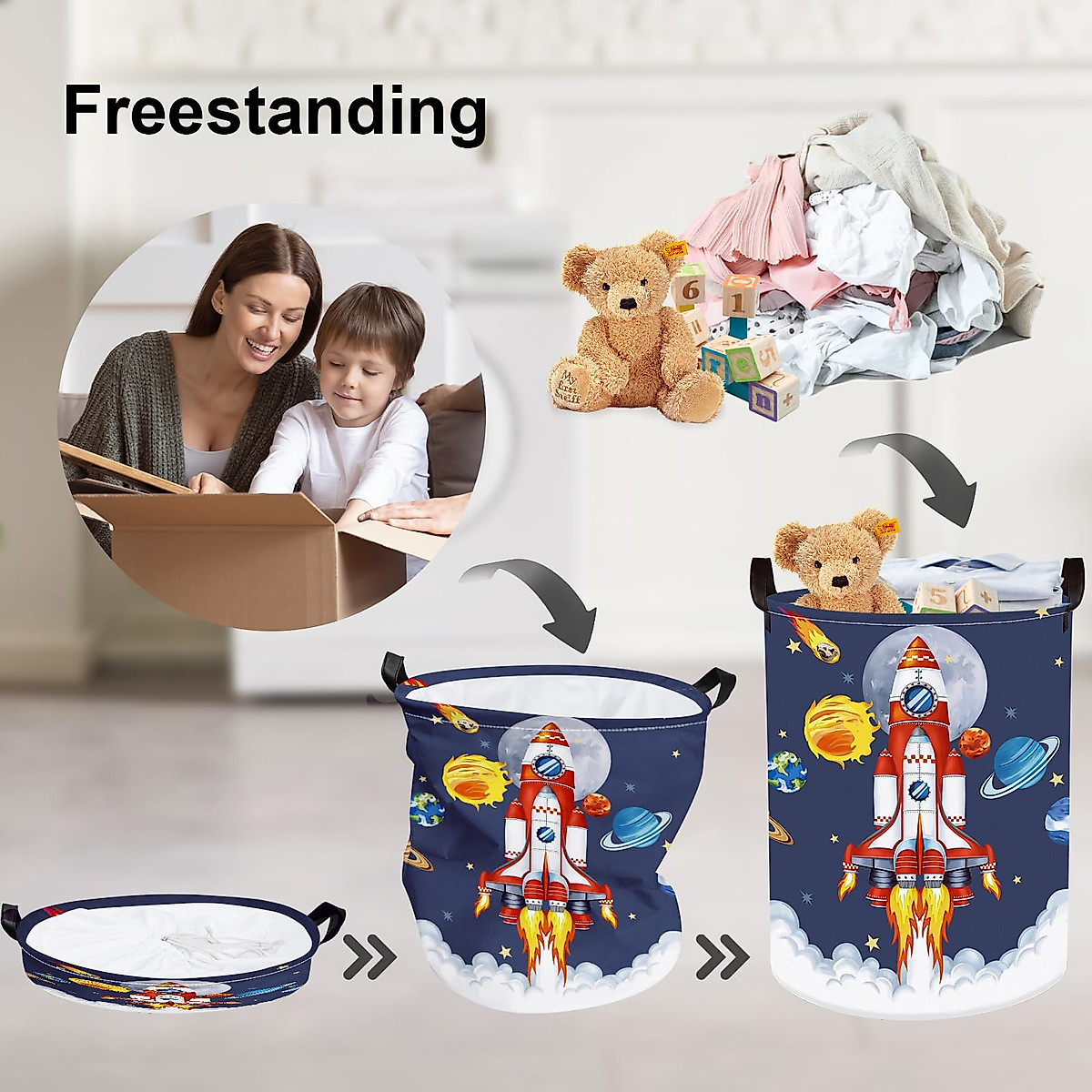 Clastyle 45L Space Rocket Launch Boy Toy Storage Basket Blue Planets Clothes Laundry Hamper for Baby Nursery Room