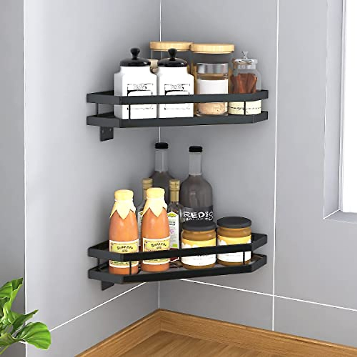 PINNIYOU 2-Pack Corner Shower Caddy, Wall Mounted Bathroom Shelf with Adhesive and 4 Hooks, Storage Organizer for Toilet, Dorm and Kitchen (Black)