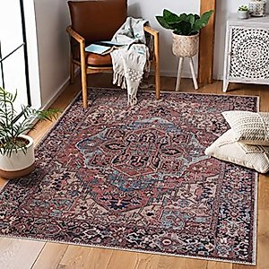 Neyland Machine Washable Living Room Area Rug - Oriental Traditional Persian Medallion Carpet - Vintage Bohemian Look - Dark Red, Burgundy, Blue - 9' x 12'