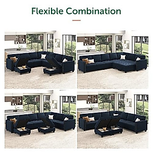 HONBAY Velvet Convertible Sectional Sofa with Storage Ottoman Oversized U Shaped Couch with Reversible Chaise Corner Sectional Sofa, Dark Blue