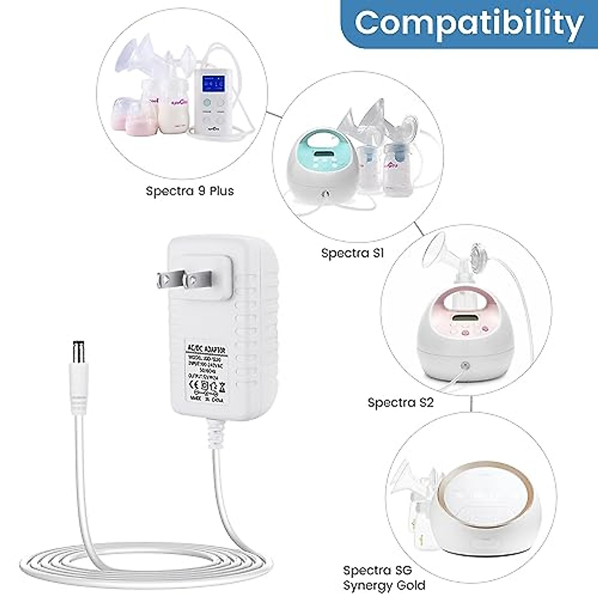 12V Charger Replacement for Spectra Breast Pump S1, S2 Plus, S3 Pro, 9 Plus, 6ft Charging Power Cord