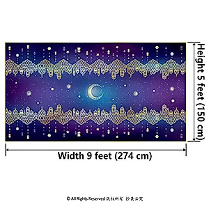 9x5Ft Ramadan Table Cloth EID Table Cover for Islamic Wedding Birthday Home Decorations Crescent Moon Star Lantern Starry Night Sky Tablecloths Tablecover for Table Decoration Islamic Party Supplies