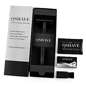 QSHAVE Double Edge 4 inch Long Handle Safety Razor for Men or Women Twist Butterfly Open Matte Black Steel Coating (1 Razor + 5 pcs Titanium Coated Blades + Leather Travel Case)