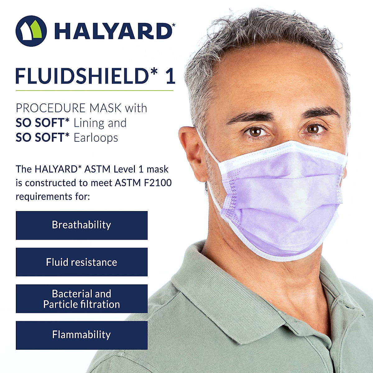 HALYARD FLUIDSHIELD 1 Disposable Procedure Mask w/SO SOFT Lining and SO SOFT Earloops, Lavender, 25868 (Box of 50)