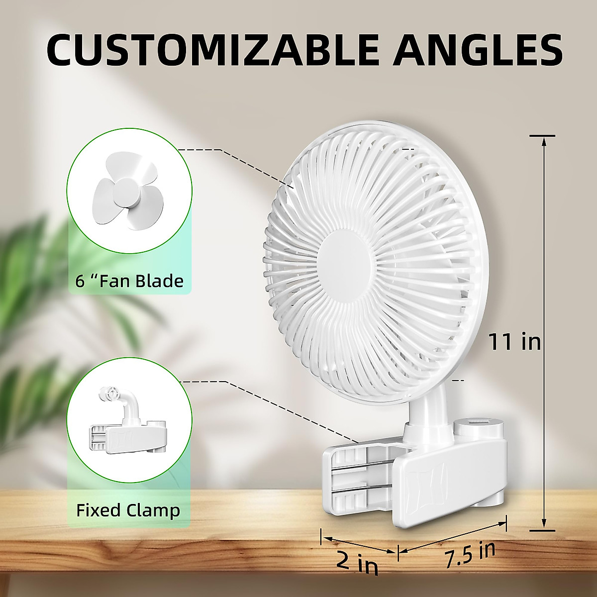 Simple Deluxe Clip Fan, 6-Inch Grow Tent Fan, Monkey Fan, Adjustable 90° Angles, 15W, 2-Speeds Control, 1 Pack