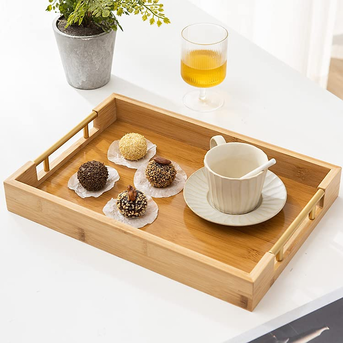 Fashion Bamboo Trays with Metal Handles,Wooden Trays, Bamboo Tray for Eating,Bamboo Sray for organizing,Bar Tray,Breakfast Tray,Great for Parties,Hotel and Outdoors