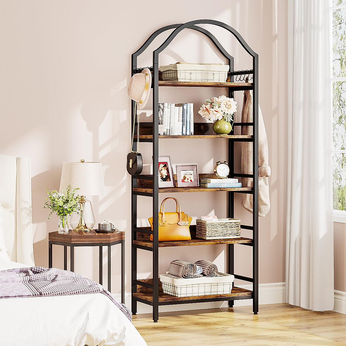 Tribesigns 5-Tier Bookshelf, 73" Tall Arched Bookcase, Industrial Wood Storage Rack Open Shelves with 4 Hooks, Modern Standing Bookshelves Metal Frame Display Rack for Home Office, Brown, 1 Pc