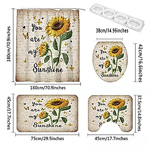 CILPIR Sunflower Shower Curtain Sets with Rugs 4PCS, You are My Sunshine Bathroom Curtains Shower Decor Set with Non-Slip Rug, Toilet Lid Cover and Bath Mat, Shower Curtain Sunflower with 12 Hooks