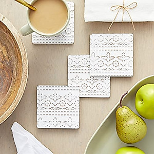 Set of 6 White Wooden Coasters with Holder for Drinks, Coffee Table, and Floral Farmhouse Decor (3.8 Inches)