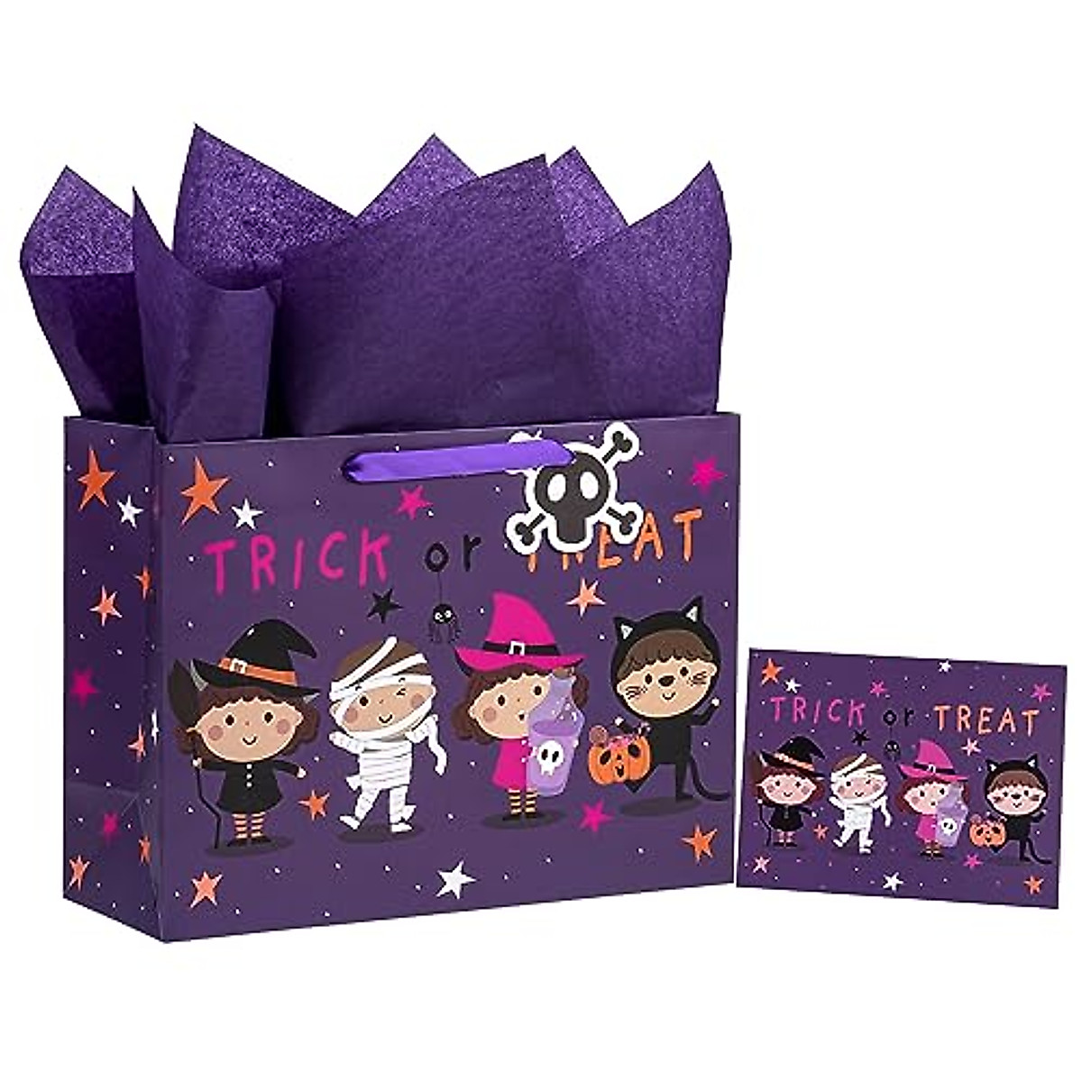WRAPAHOLIC 13" Halloween Large Gift Bag with Card and Tissue Paper - Adorble Child and Trick or Treat Lettering Design