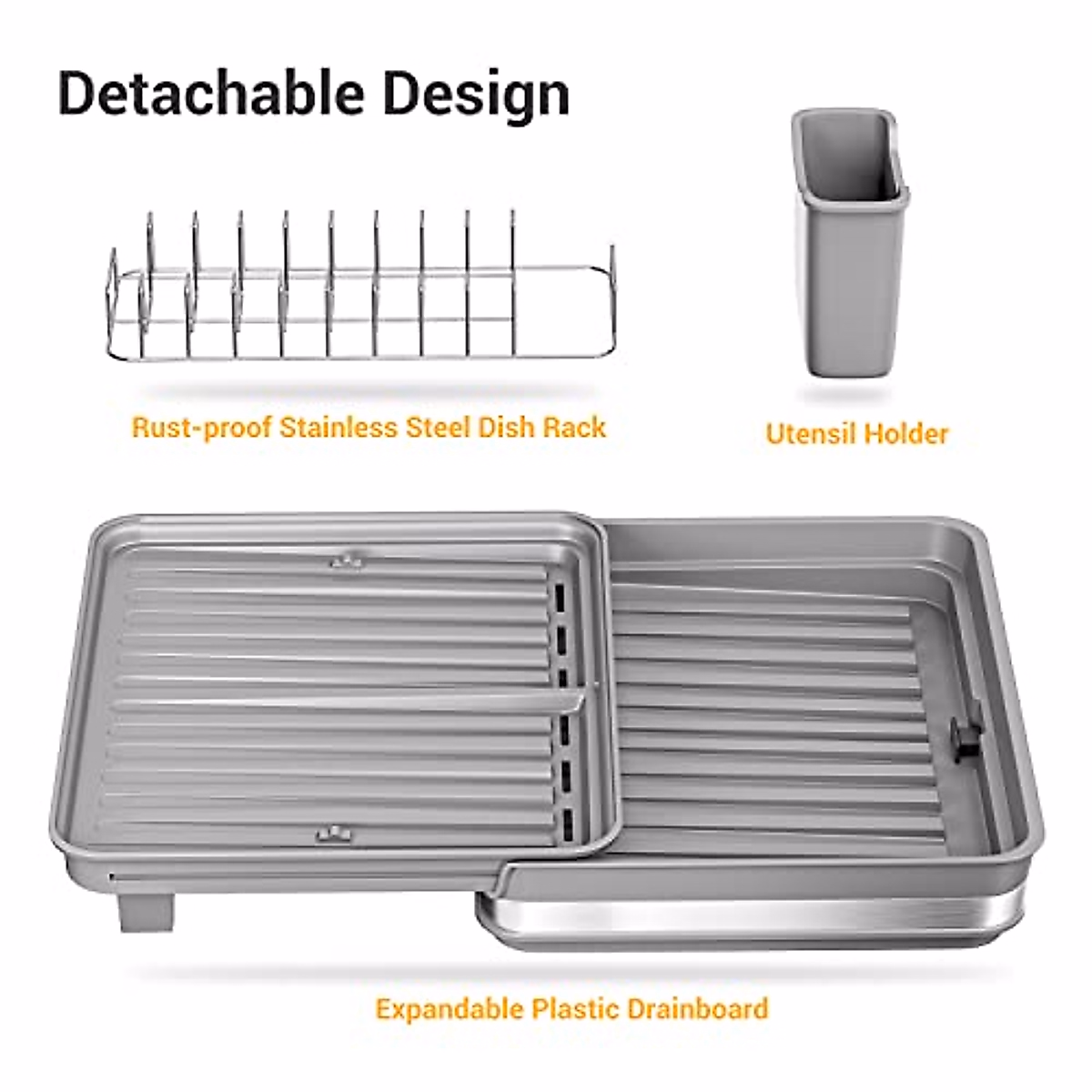 OROPY Dish Drying Rack Expandable Dish Rack, Large Dish Drainer with Utensil Holder, Stainless Steel Dish Drain for Kitchen Counter
