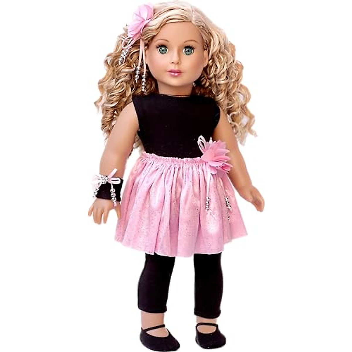 - Showtime - 5 Piece Outfit - Black Unitard, Pink Tutu Skirt, Ballet Slippers, Corsage, Hairpiece - Clothes Fits 18 Inch Doll (Doll Not Included)
