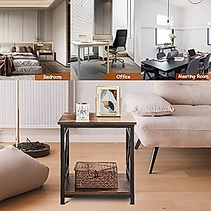 KSWIN Industrial End Table Side Table with 2-Tier Storage Shelf, 18'' Square Nightstand Bedside Table X-Design Metal Frame for Living Room Bedroom, Rustic Brown
