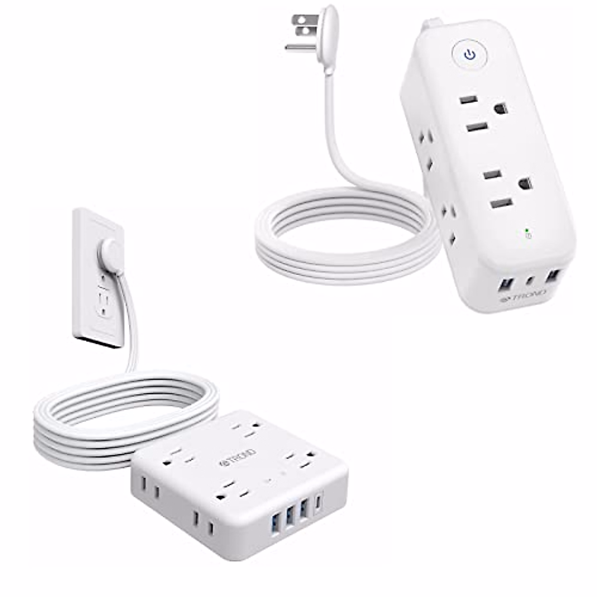 Flat Plug Power Strip - TROND 5ft Ultra Thin Extension Cord with 6 Widely Outlets and 3 USB Ports(1 USB C) + TROND 10FT Thin Flat Extension Cord 3 USB-A & 1 USB-C Port, 8 Widely-Spaced Outlets