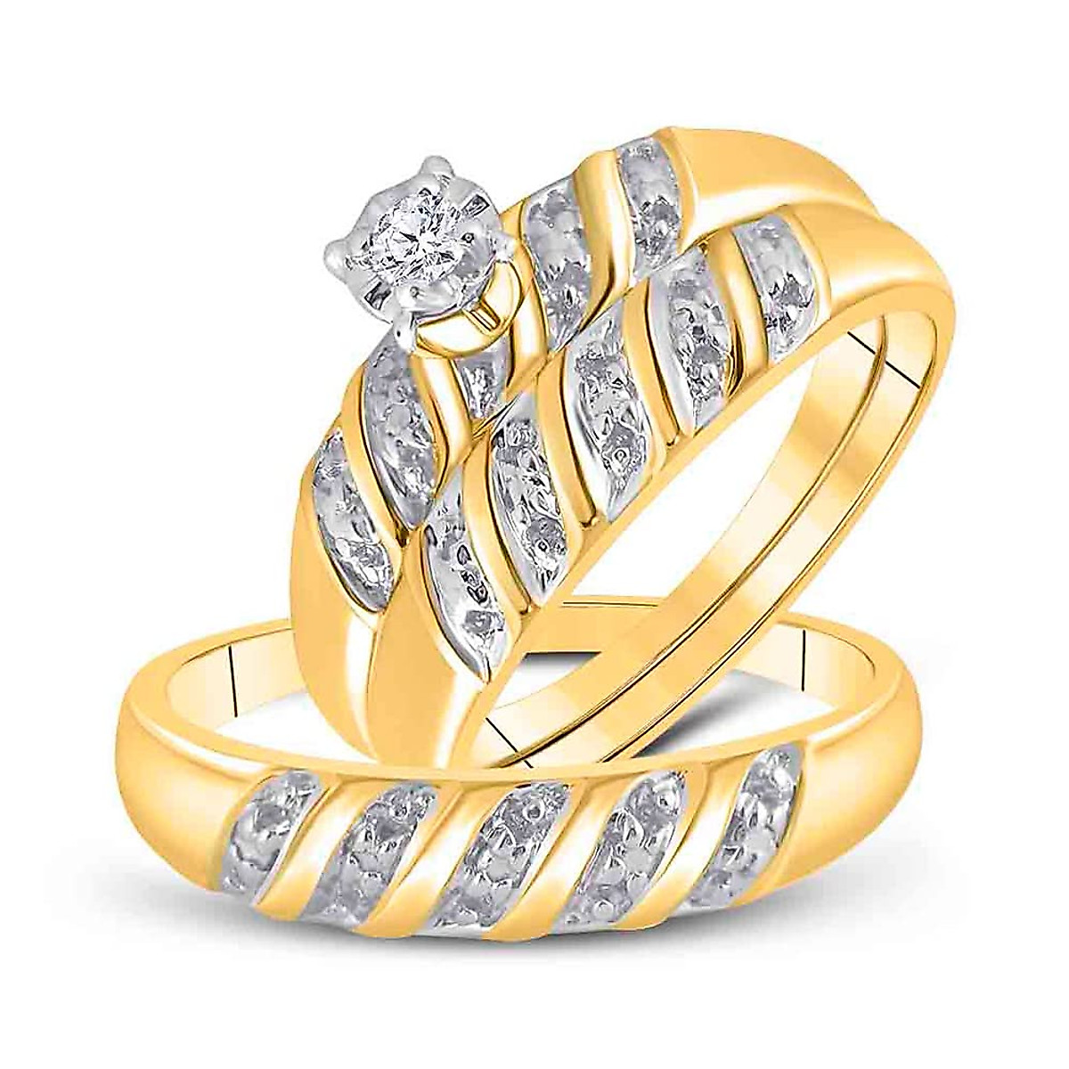 Sizes - L = 9, M = 12 - 14k Yellow and White 2 Two Tone Gold Mens and Ladies Couple His & Hers Trio 3 Three Ring Bridal Matching Engagement Wedding Ring Band Set - Round Diamonds - Solitaire Center Setting (.07 cttw) - Please use drop down menu to select