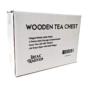 Break Tradition Wooden Tea Organizer For Tea Bags - Black Wooden Tea Chest With 6 Compartments - Clear Top Window - Lid Stays Open (Black)