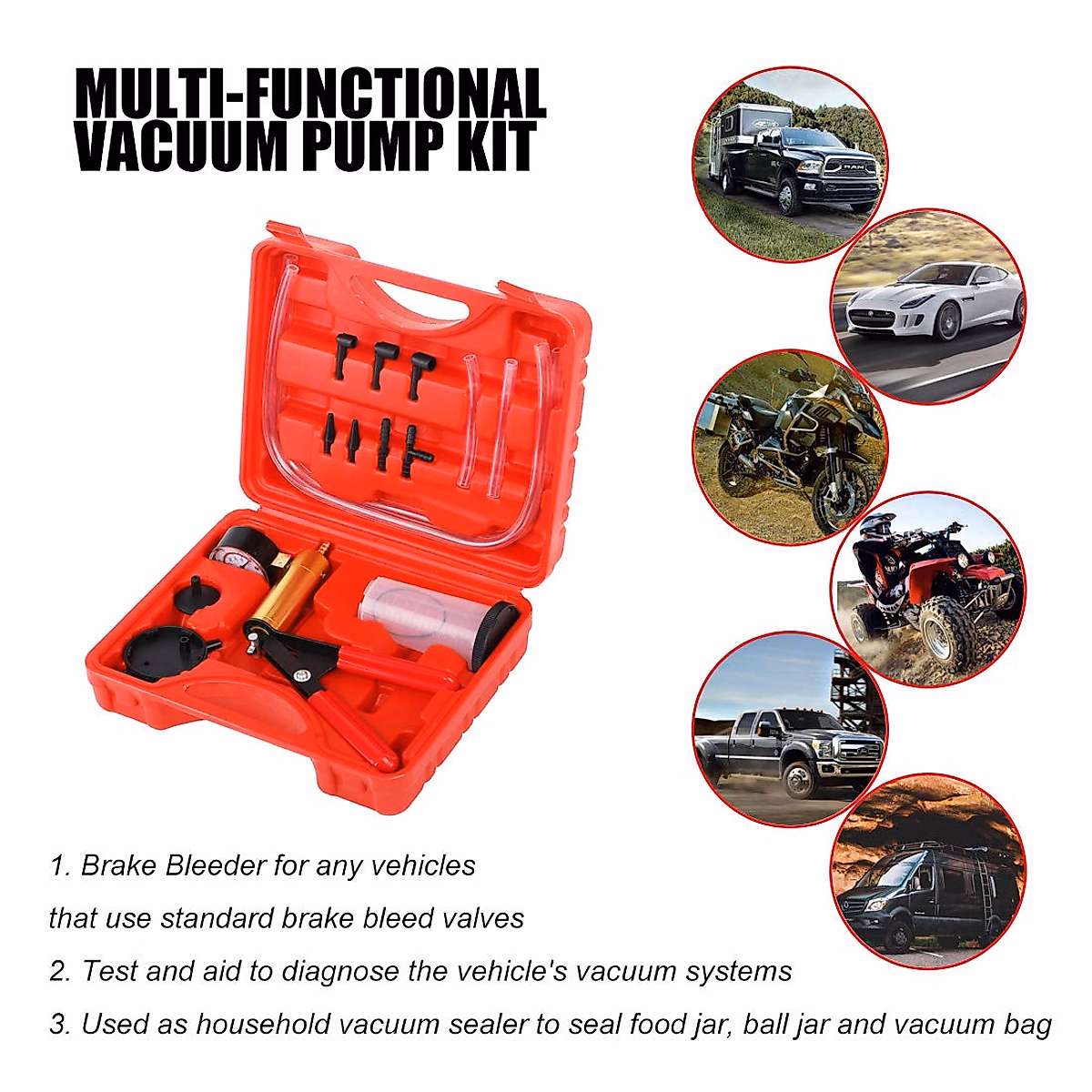 JIFETOR Hand Vacuum Pump Tester and Brake Clutch Bleeder Tool 2-in-1 Kit, One-Man Handheld Automotive Brake Fluid Bleeding Set, with Gauge Jar Adapters for Bike Motorcycle Car Truck Diagnosis