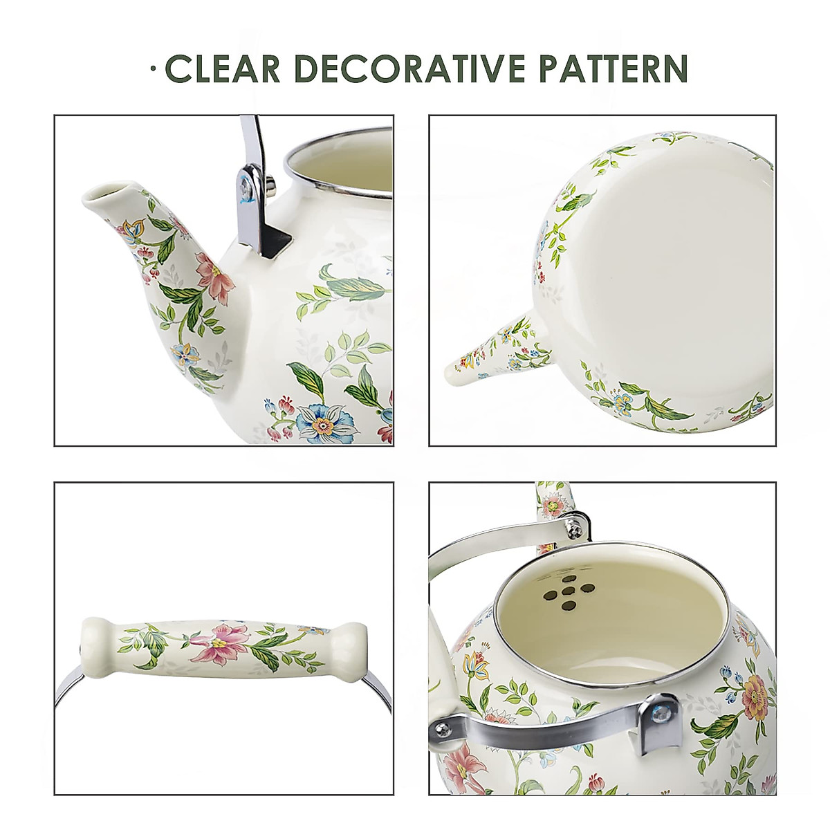 OLYTARU Enamel Teapot floral,Large Porcelain Enameled Teakettle,Colorful Water Tea Kettle pot for Stovetop,Small Retro Classic Design (style01 Growing)