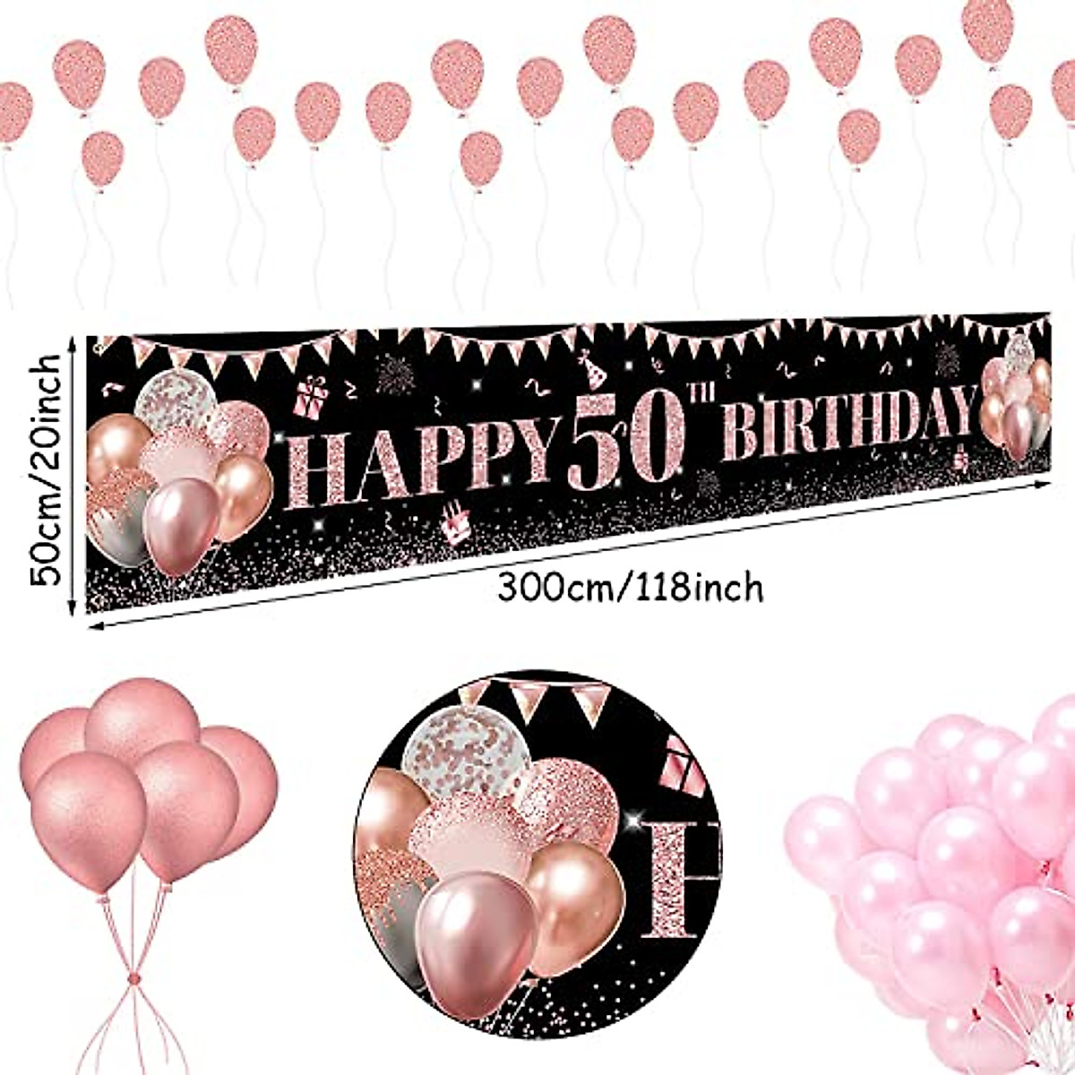 Large Happy 50th Birthday Banner Black and Rose Gold Yard Sign Birthday Banner for Women Girl 50 Years Old Birthday Photo Backgroud Party Indoor Outdoor Decoration Supplies 118 × 19.6 Inch