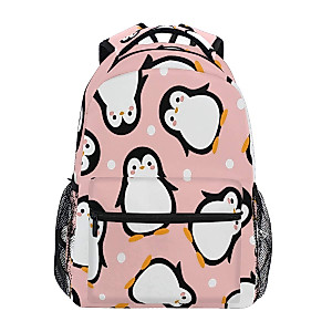 Cute Penguin Backpack for Boys Girls Kids Cartoon Pink Sea Animals Dots Student Bookbag School Bag 14 inch Laptop Backpacks Travel Daypack Shoulder Bag