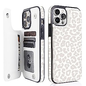 uCOLOR Compatible with iPhone 12 Pro Max 6.7" Wallet Case with Card Holder Slot Folio Flip PU Leather Kickstand Double Magnetic Clasp and RFID Blocking Design Cover 6.7 Inch (Beige Leopard)