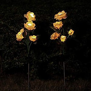 HDNICEZM Solar Garden Lights Outdoor Decorative - 2 Pack Upgraded Realistic 5 Rose Flowers Lights LED Solar Stake Lights Waterproof for Garden Backyard Patio Pathway Courtyard Decoration (Yellow)