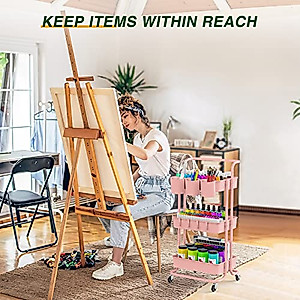 3-Tier Rolling Mobile Utility Cart with Hanging Cups & Hooks & Handle Multifunctional Organizer Storage Trolley Service Cart with Wheels Easy Assembly for Office, Bathroom, Kitchen(Pink)