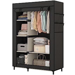 Calmootey Portable Closet Organizers, Clothing Storage, Wardrobe with 6 Shelves and Hanging Rod, Non-Woven Fabric Cover with 4 Side Pockets, Black