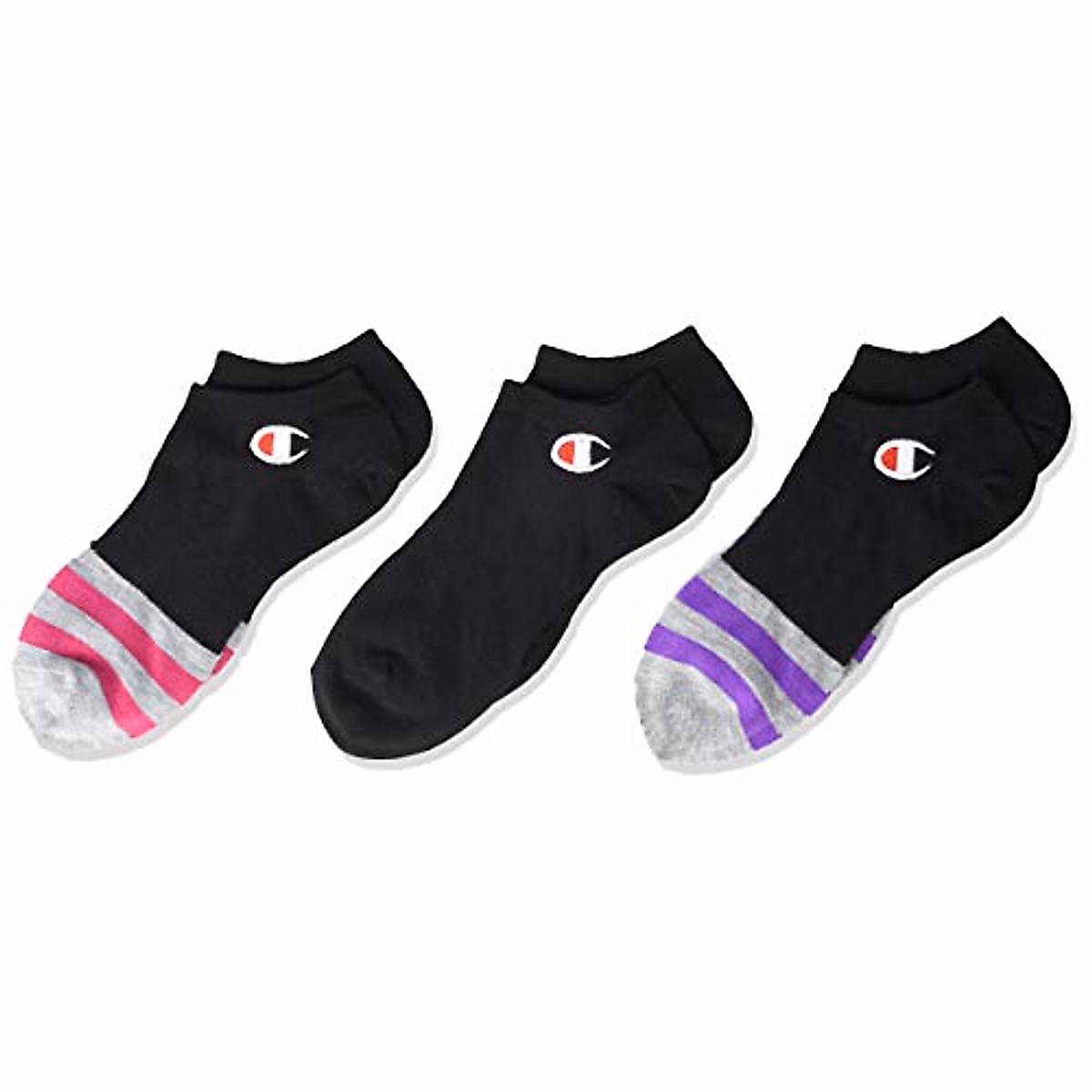 Champion Women's 3-Pack Super No Show w/Embroidery Socks, Black/Color Stripes, 5-9