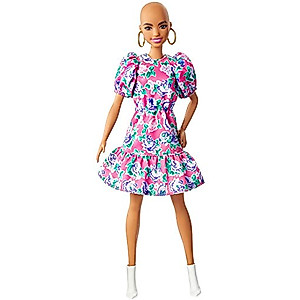 Barbie Fashionistas Doll #150 with No-Hair Look Wearing Pink Floral Dress, White Booties & Earrings, Toy for Kids 3 to 8 Years Old