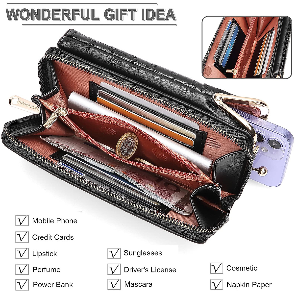 KINOUCHI Small Crossbody Cell Phone Bag for Women, Fashion Leather Shoulder Bags Travel Wallet Purse, with 6 Card Slots Adjustable Shoulder Strap