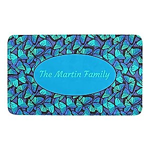 CUXWEOT Tropical Blue Butterflies Pattern Personalized Doormat Text Name Custom Indoor Outdoor Pet Mat Entrance Rugs Home Decor Welcome Door Mats 23.6 x 15.7 Inch