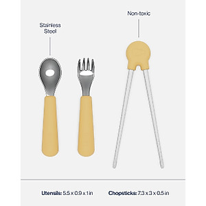 Lalo Big Bites Kids Dinnerware Full Set - Dishwasher Safe, BPA Free, Kids Tableware Set - Includes Stackable Bowl, Plate, Utensils & Cup - 7 Pieces - Honey