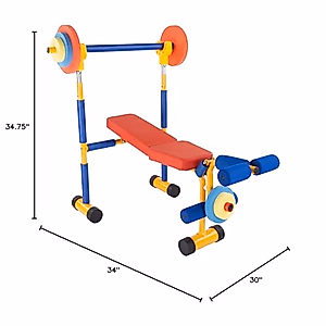 Hey! Play! Toy Bench and Leg Press – Children’s Play Workout Equipment for Beginner Exercise, Weightlifting, Powerlifting - for Boys and Girls, Brown (80-SH-04)