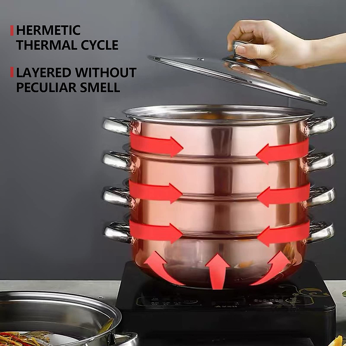 4 Piece Stainless Steel Steamer Pot Set with Glass Lid and handle,for Steamer Cooking,Casserole,Saucepan (4 layer)