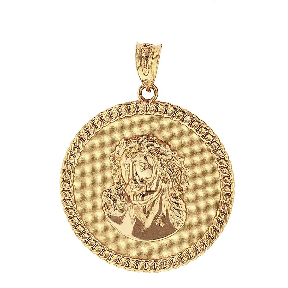 Religious Jewelry Solid 10k Yellow Gold Cuban Link Framed Jesus Face Medallion Pendant
