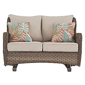 Signature Design by Ashley Clear Ridge Outdoor Handwoven Wicker Cushioned Loveseat Glider with 2 Throw Pillows, Light Brown