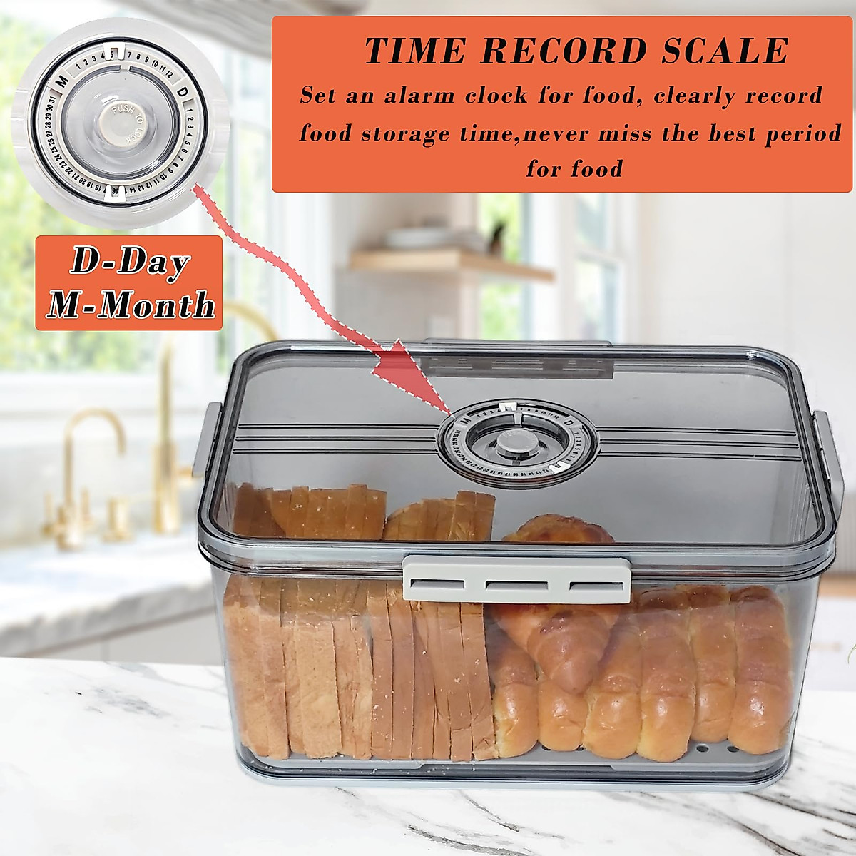 Bread Box with Lid for Kitchen Counter, 10L Airtight Loaf Bread Storage Container，Time Recording Bread Keeper for Homemade Bread, Toast, Bagel, Donut and Cookies (Grey)