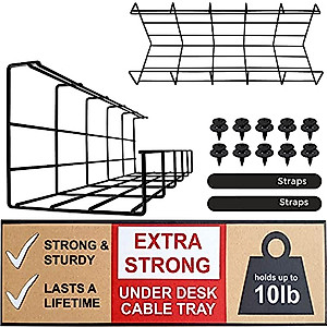 Under Desk Cable Management Tray, Cord Organizer for Desk, Cable Organizer, Wire Organizer, Cord Management, Cable Management Under Desk, Wire Holders for Desk - Black Cable Tray - Set of 2X 16"