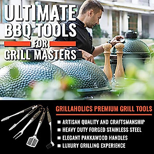 Grillaholics Premium BBQ Grill Tools - Luxury 4-Piece Barbecue Utensils Grill Set - Wooden Gift Box Includes Barbeque Tongs, Meat Fork, Grill Spatula & Basting Brush