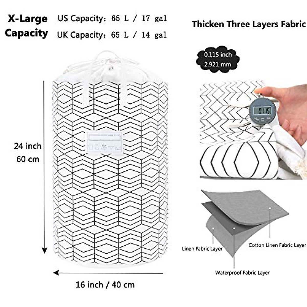 23.6" Large Foldable Laundry Basket Collapsible Clothes Hamper Drawstring Waterproof Laundry Hamper Round Cotton Linen Storage Baskets Home Organizer(Black and White Grids)